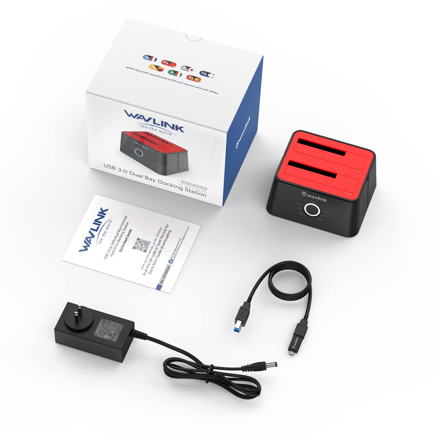 WAVLINK USB 3.0 to SATA External Hard Drive Docking Station,USB C Hard Drive Duplicator for Dual 2.5/3.5 Inch SSD HDD SATA Ⅱ/Ⅲ Support Tool-Free& 2×16TB &UASP with Offline Clone,Inculde Power Adapter
