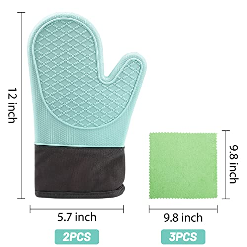 MKLINSIYU Silicone Kitchen Oven Mitts,Heat Resistant 500 Degrees,Oven Mitts Set,Waterproof Flexible Glove and Quilted Liner for Oven Cooking, Grill & BBQ (Mint Green), 12 x 5.7 x 0.75 inches