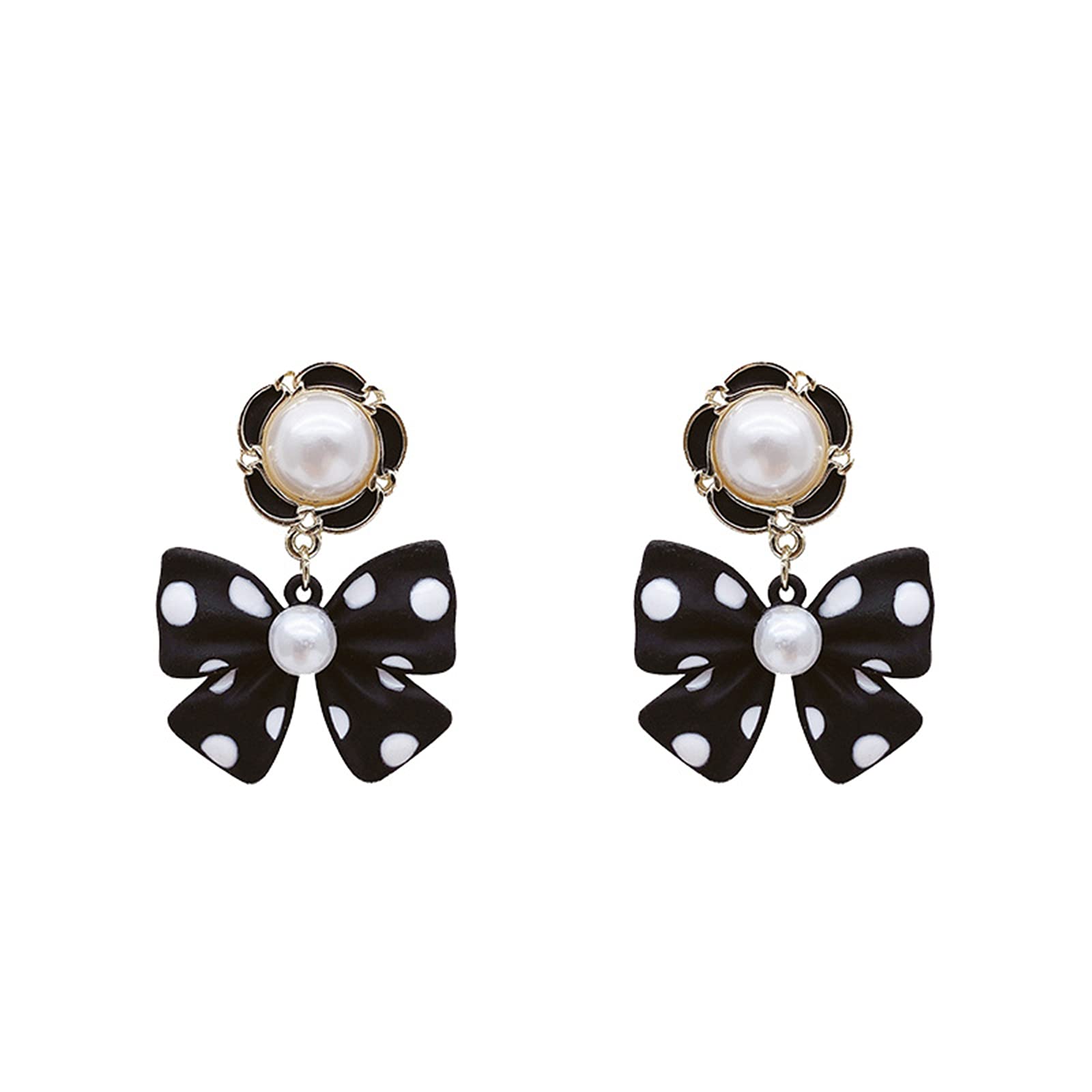 ONLYJUMP S925 Silver Needle Delicate Dainty Simple Tiny Bow Tie Ribbon Stud Earrings Handmade Sweet Bowknot Earrings for Women (Black Red) (Black Flower Bow)