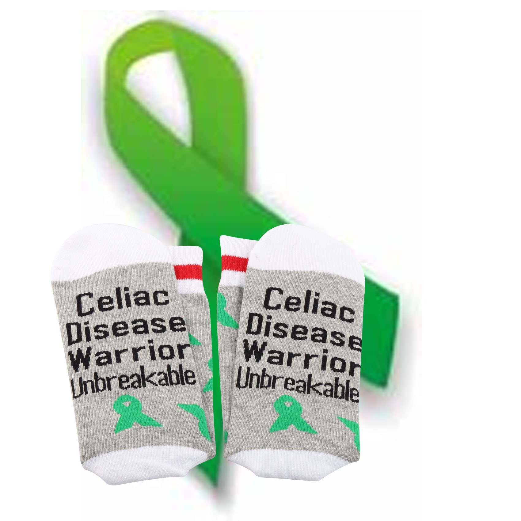 PXTIDY 2 Pairs Celiac Disease Awareness Socks Celiac Disease Warrior Unbreakable Green Ribbon Sock Celiac Warrior Gift (2pairs/set)