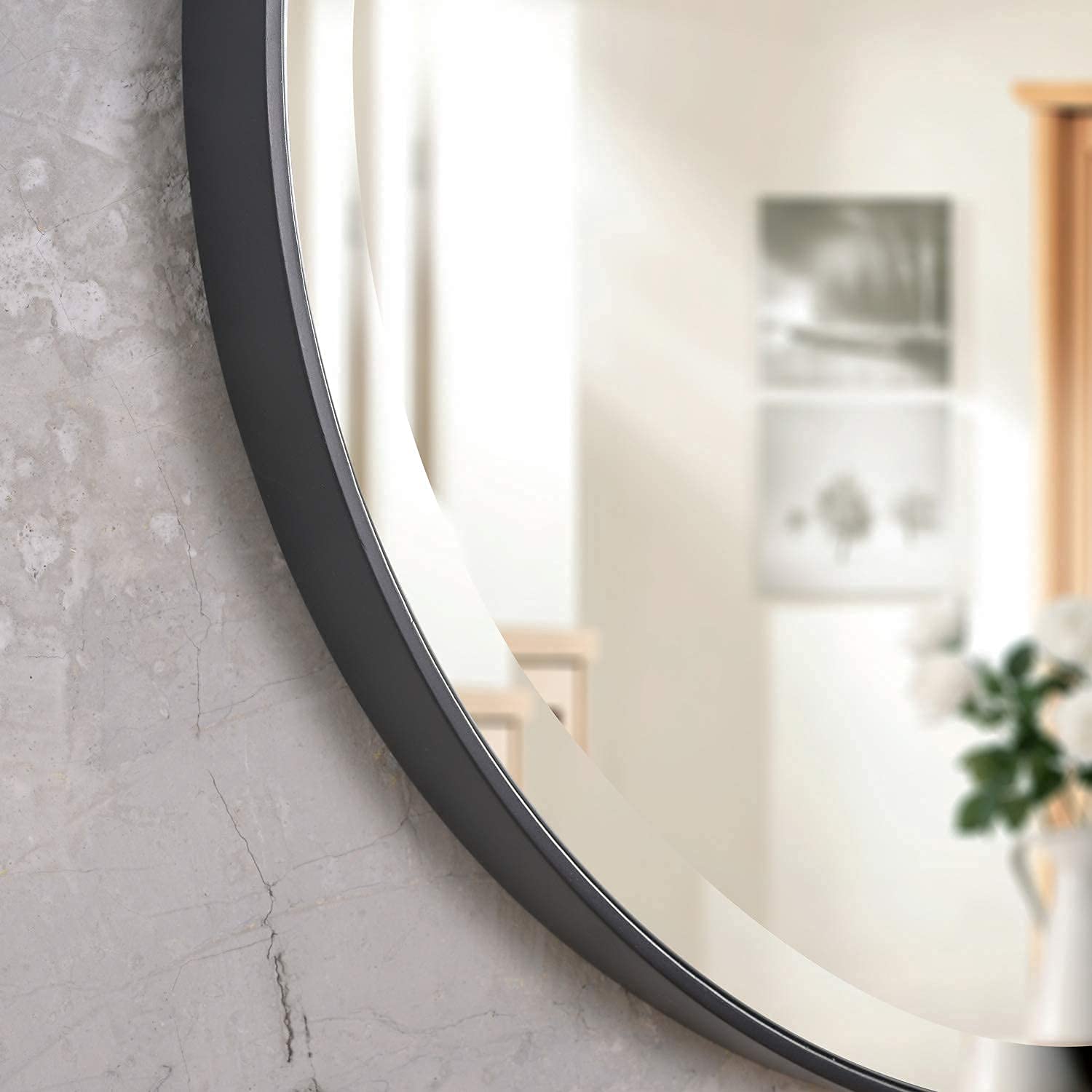 MOTINI 28.5'' Large Round Wall Mirror Black Modern & Contemporary Beveled Circle Mirror PU Frame Wall Mounted Decorative Mirror for Bathroom Bedroom Living Room Entryway