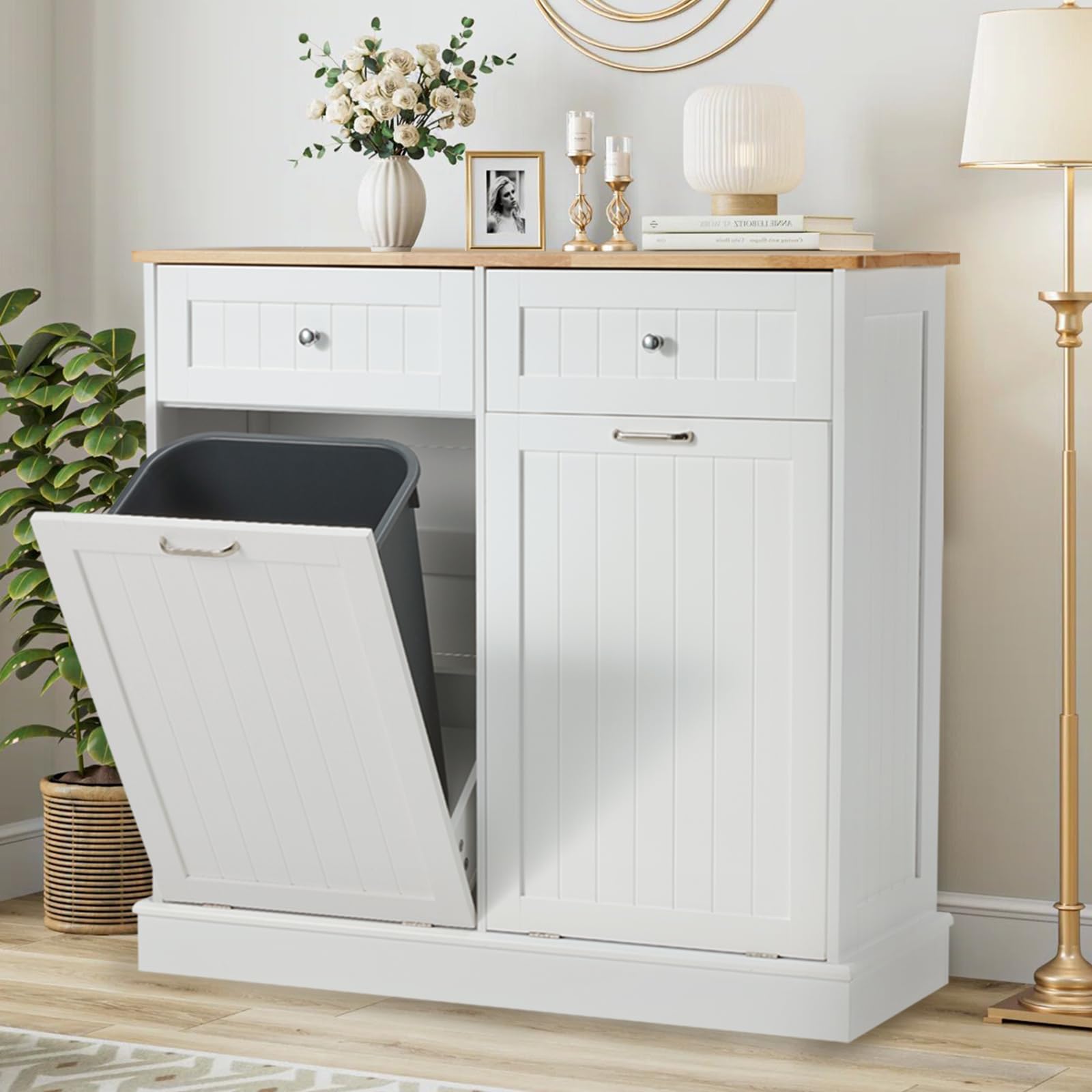 YDTOP Double Trash Can Cabinet, Trash Cabinet Tilt Out 20 Gallon, Wood Garbage Recycling Station Hideaway Trash Holder Drawers, Kitchen Dog Proof Trash Can(White)