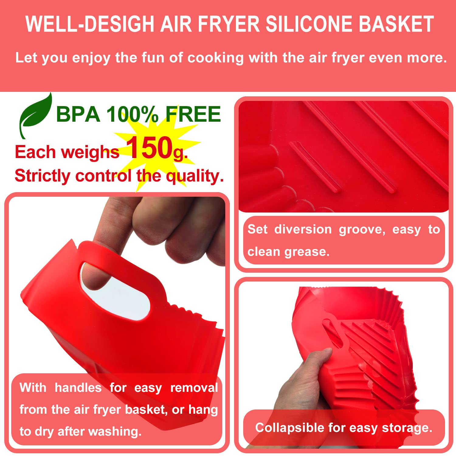 QURAR 2 Pack Air Fryer Silicone Liners | Top 8in, Bottom 7in | Silicone Liners Pot for 4 to 7 QT, Reusable Square Food Safe Silicone Basket Replacement of Flammable Parchment Paper, (Red & Pink)