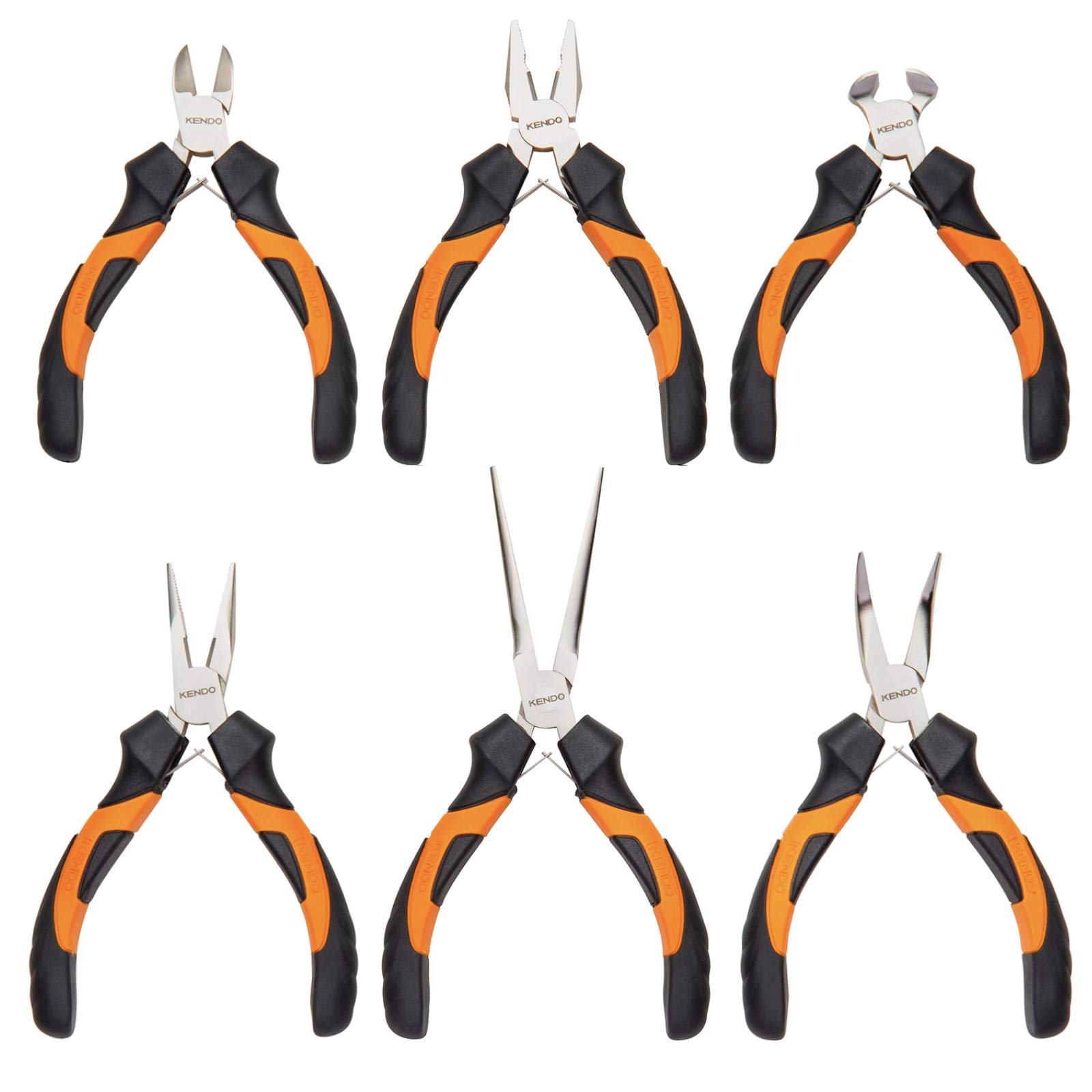 KENDO 6-Pieces Mini Pliers Set, Long Nose, Bent Nose, Diagonal, End Cut, Linesman, Needle Nose Pliers, Spring Loaded Handle, 4.5 Inch, Mechanic, Craftsman Basic Tool Kit, Roll Up Carry Bag Included