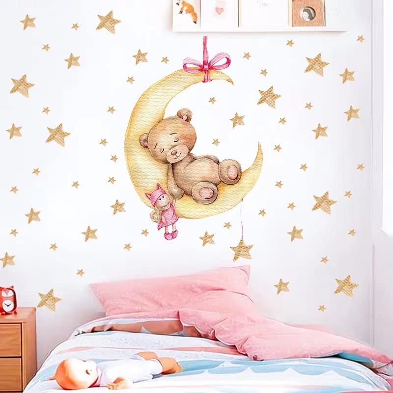 Teddy Bear with Stars Wall Stickers Vinyl Decal Baby Room Decor Nursery Interior Decoration Teddy Bear Wall Decals (Gold)