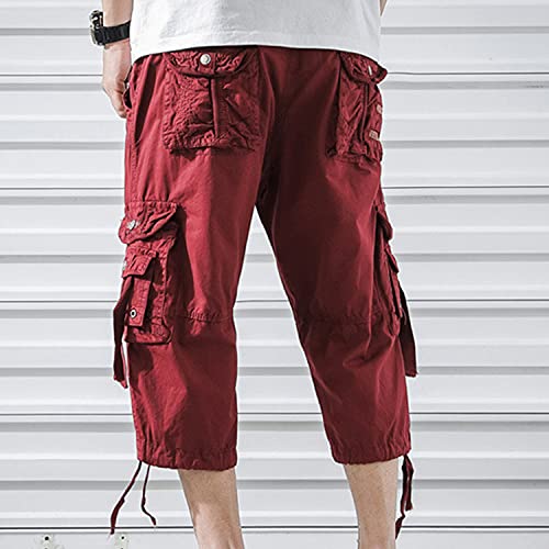 Men's Ripstop Workout Gym Shorts Quick Dry 3/4 Capri Pants Short Multi Pockets Hiking Athletic Running Shorts (Red,30)