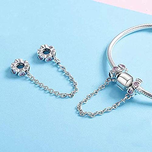 LUCKYBEADS Heart Safety Chain Charms 925 Sterling Silver Love Beads fit Bracelet & Necklace (Pink)