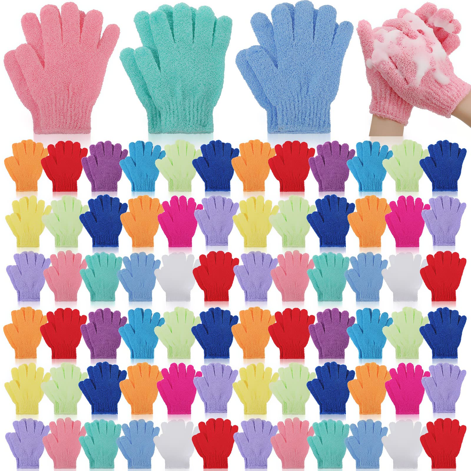 Tegeme 100 Pcs Exfoliating Gloves Double Sided Exfoliating Bath Gloves Nylon Colorful Shower Gloves for Men Women Beauty Spa Massage Shower Deep Clean Body Skin Scrubber Bathing Accessories,13 Colors