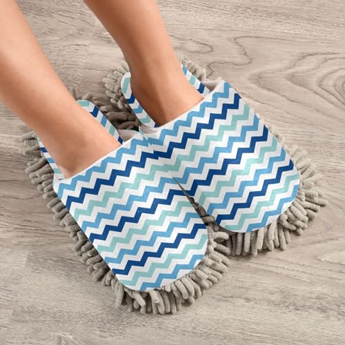 Kigai Blue Mint Chevron Microfiber Cleaning Slippers, Washable Cleaning Mop Shoes Floor Cleaning Tool for Women Men, M