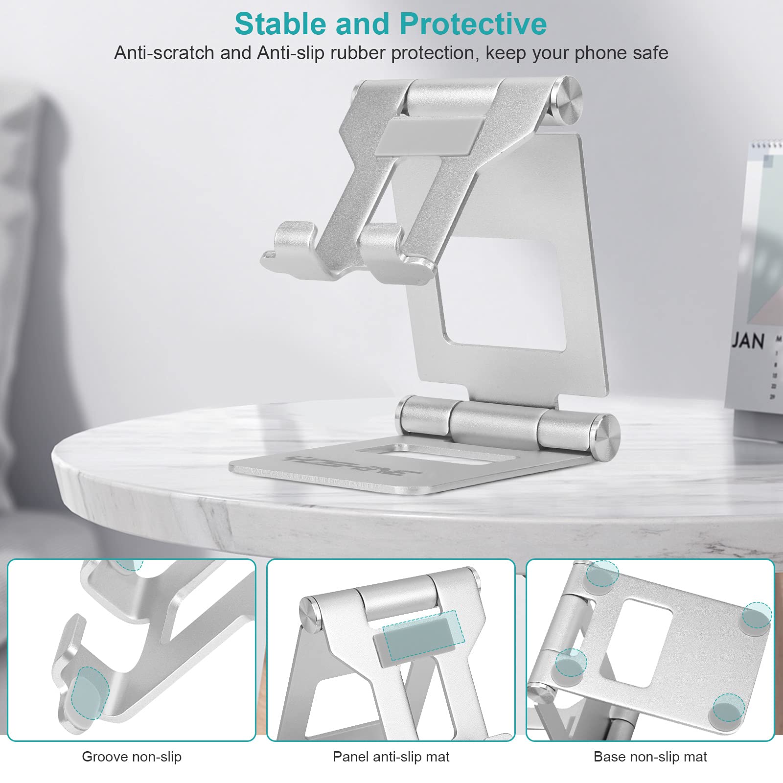 YOSHINE Phone Stand, Adjustable Cell Phone Stand, Foldable Cell Phone Holder with Non-Slip Base, Portable Phone Holder for Desk, Solid Aluminum Stand Holder Dock for iPhone All Smart Phones - Silver