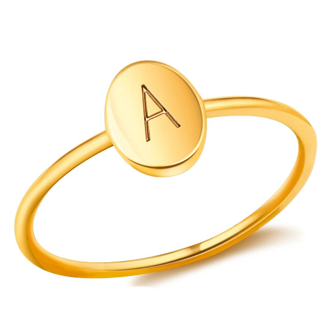 LUIWIN Initial Ring for Women Girls Dainty 18K Gold Plated Oval Stacking Engraved Letter A Alphabet Ring Gift for Her Bridesmaid Size 6