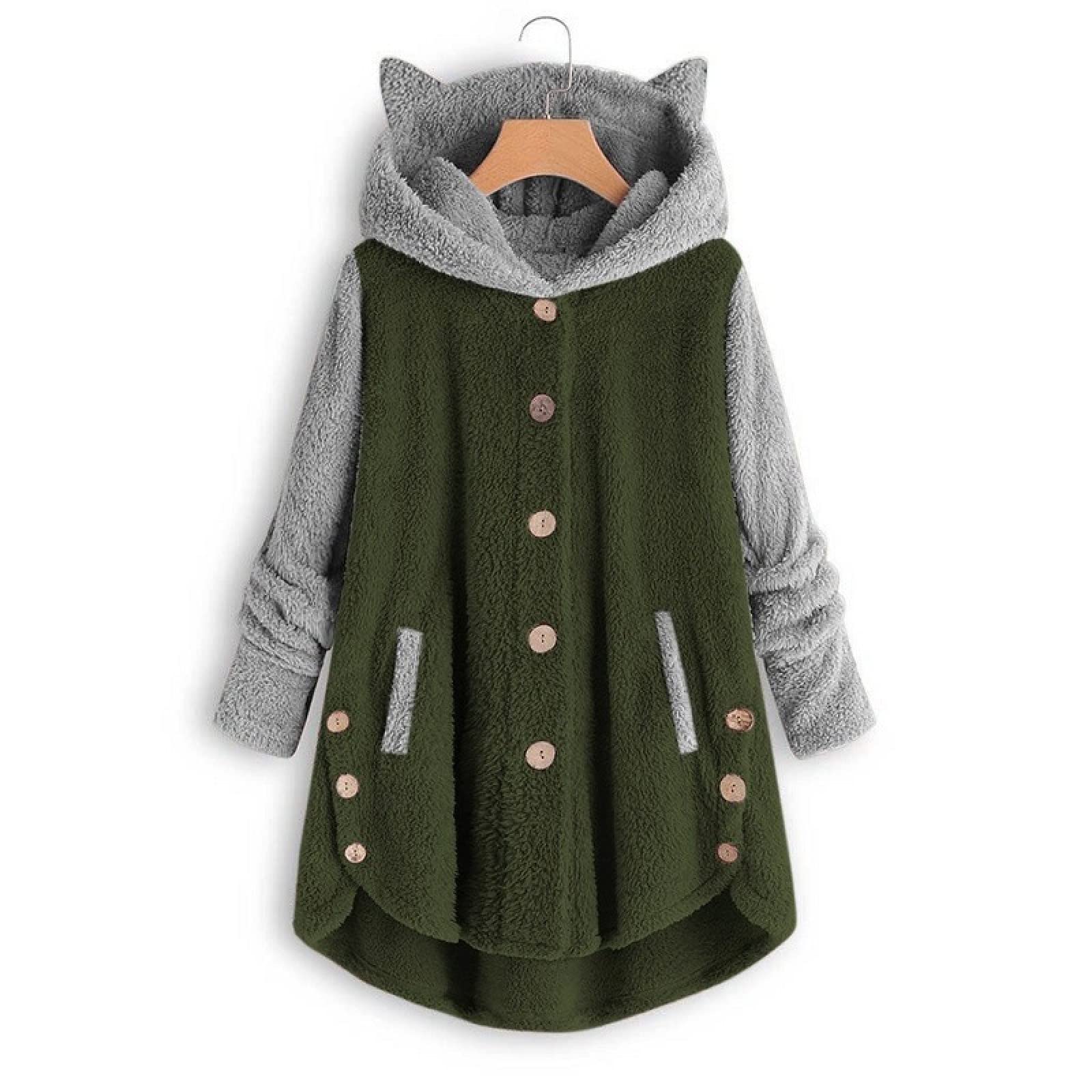 Oodie Blanket Hoodie Women'S Irregular Color-Blocking Coat With Button Hooded Cat Ears Plush Blouse,Green,Xl