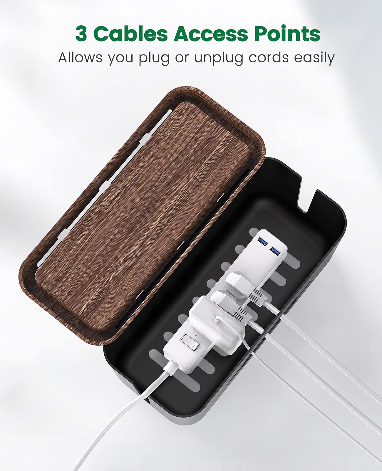 ORICO Cable Management Box with Phone Holder, 12.2 X 5.4 X 5.1 Inches Wooden Print(ABS Material) Cable Hiding Box Medium Wires Hider for Small Power Strips, Surge Protectors, Chargers, Adapters -Black