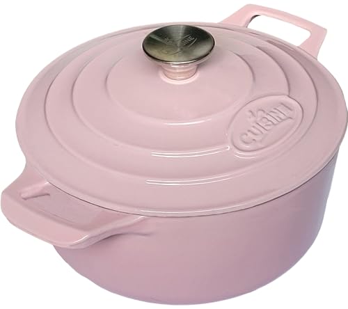 La Cuisine Enameled Cast Iron Dutch Oven Casserole Dish Pot with Lid, 3.7 QT 9.5 Inches Dia. Cream White Enamel Coating Interior Pink Oven-Safe