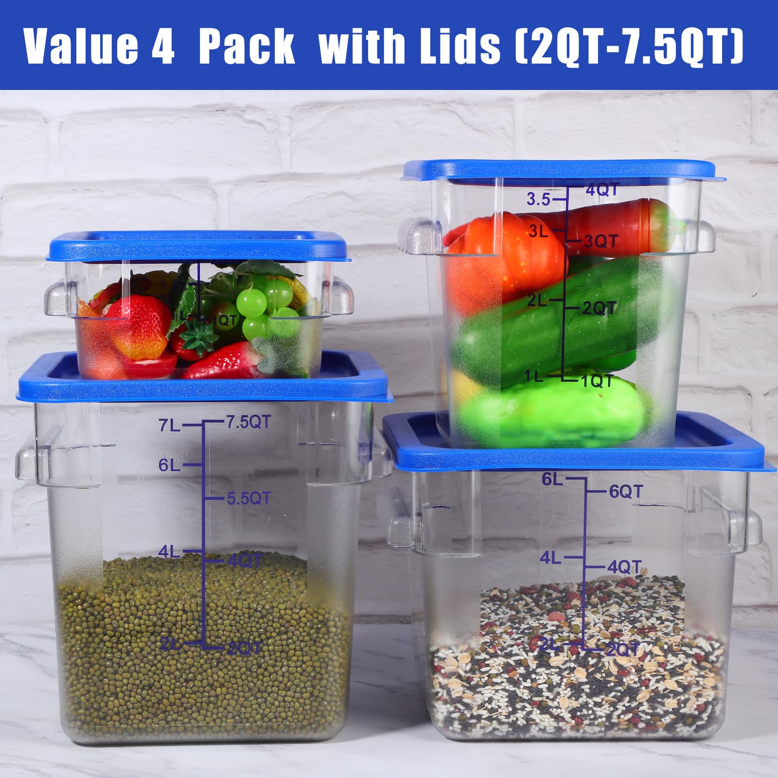Kigley 4 Pcs Food Storage Containers with Lids Set 2 Qt 4 Qt 6 Qt 7.5 Qt Clear Square Commercial Food Storage Container with Scale Handle for Home Restaurant Kitchen Food Prep(Red)