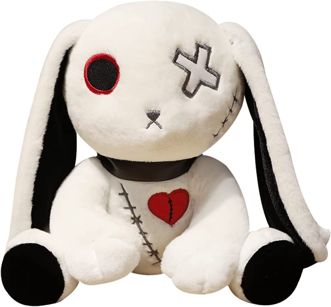 Spooky Goth Crazy Bunny Scrump Plush Bunny Halloween Dreadful Bunny Stuffed Easter Rabbit Animal Pillow Soft Pink Rabbit Huggable Lovely Bunny Plushie Dolls Gifts,12in (White)