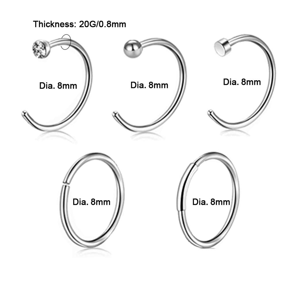 LuckyAmor 20G Nose Rings Stainless Steel Silver with CZ Studs Cartilage Body Piercing Jewelry (17PCS-MIX-Silver)