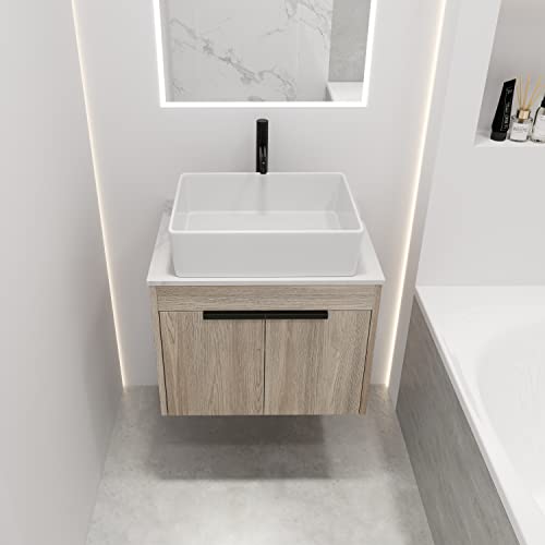 Lifeand 24" Modern Design Float Bathroom Ceramic Basin Set, Wall Mounted Vanity with Soft Close Door,2 Pieces Parcel,White Oak