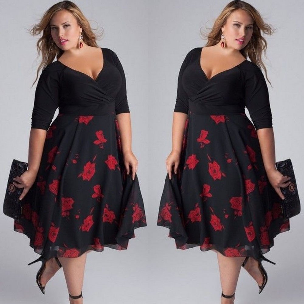 Plus Size V-Neck Dress for Women Floral Printing Mesh Swing Dress Patchwork Half Sleeve Tank Top Dress Red