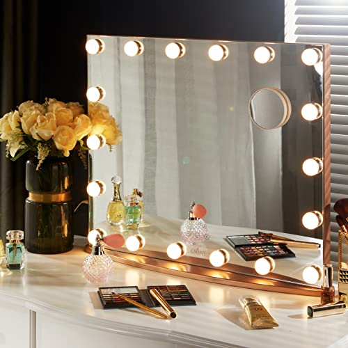 LUXFURNI Vanity Tabletop Hollywood Makeup Mirror w/USB-Powered Dimmable Light, Touch Control, 12 Day/Warm LED Light (16Wx20L, White)