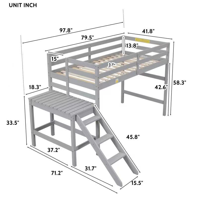 Lifeand Twin Loft Wooden Bed with Platform,Ladder,Grey