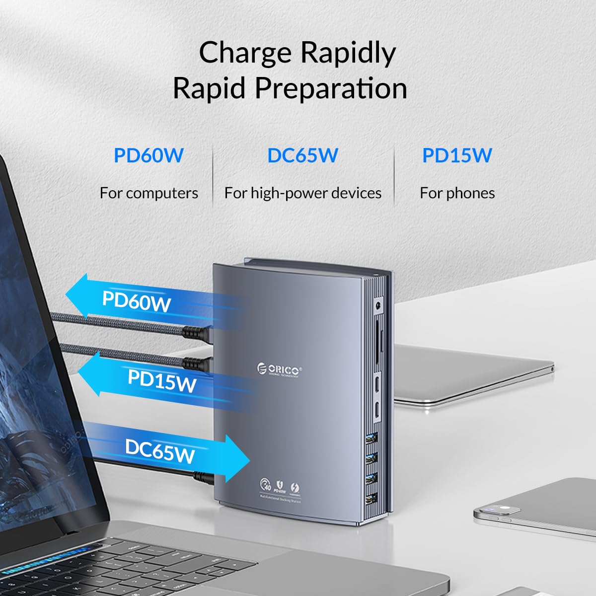 ORICO Thunderbolt 3 Docking Station 15-in-1 40Gbps Dock for Thunderbolt Laptops, 60W Charging Power for Laptop, 15W for Phone, 10 Gbps USB-C Data, Dual 4k HDMI, Gigabit Ethernet, S/PDIF OUT,Audio