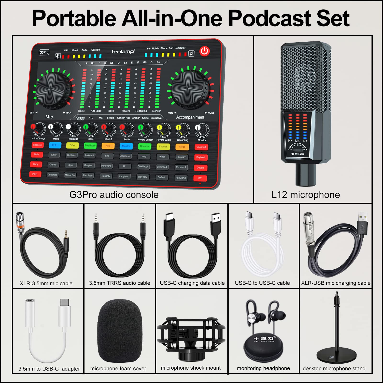 Podcast Equipment Bundle, tenlamp Audio Mixer with Live Sound Card and L12 Podcast Microphone Bundle, All-In-One Podcast Kit for PC or Cellphone Live Streaming, Music Studio Recording, Guitar