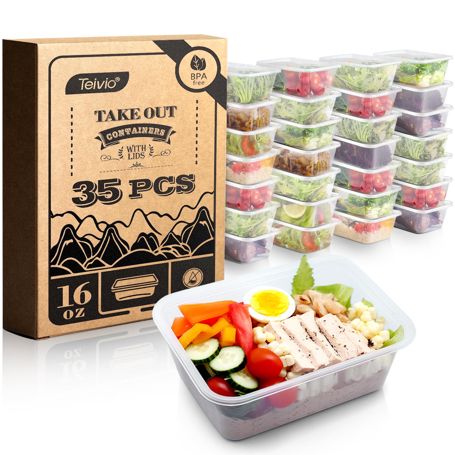Teivio 35Pack 16oz Disposable Meal Prep Containers, Plastic Food Storage Containers with Lids, Leak proof, Microwave and Freezer Safe,for preparing lunch, snacks, salad or sandwiches (Clear)