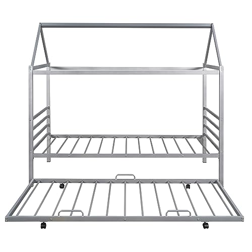 Lifeand Twin Size Metal House Shape Platform Bed with Trundle,Silver