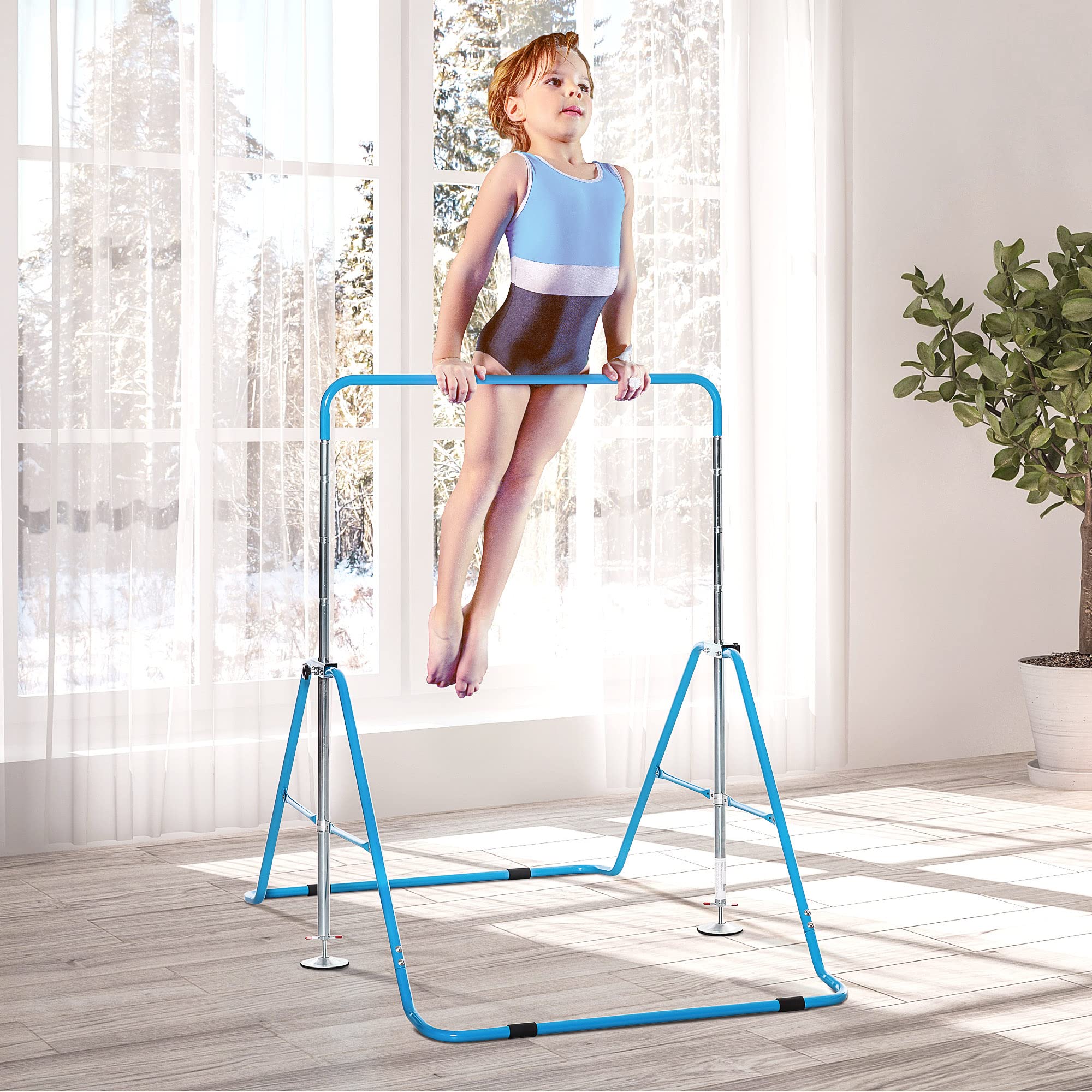 Qaba Folding Gymnastics Bar for Kids with Shock Absorption, Adjustable Gymnastics Horizontal Bar, Gymnastics Kip Bar for Home Use, Blue
