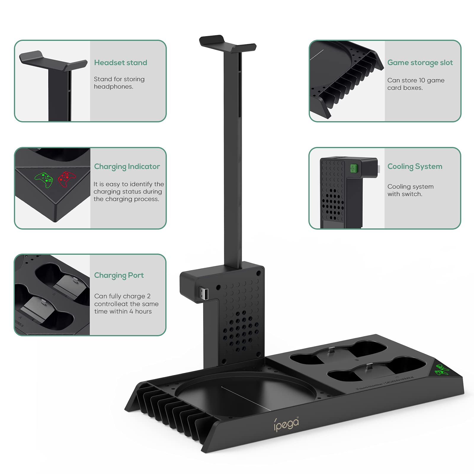 MENEEA Vertical Cooling Stand for Xbox Series X Controller & Console, Charging Station Dock Accessories with 2 Packs 1400mAh Rechargeable Batteries, Headset Stand & Game Slot Storage Organizer