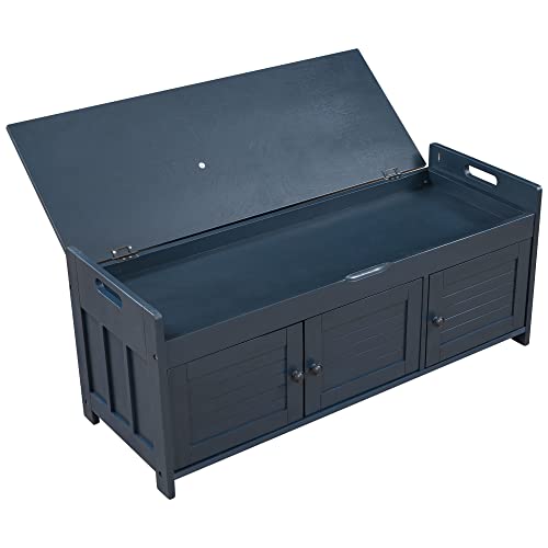 Lifeand, Shoe Removable Cushion and Hidden Space Storage Bench with 3 Shutter-Shaped Doors, 1, Antique Navy