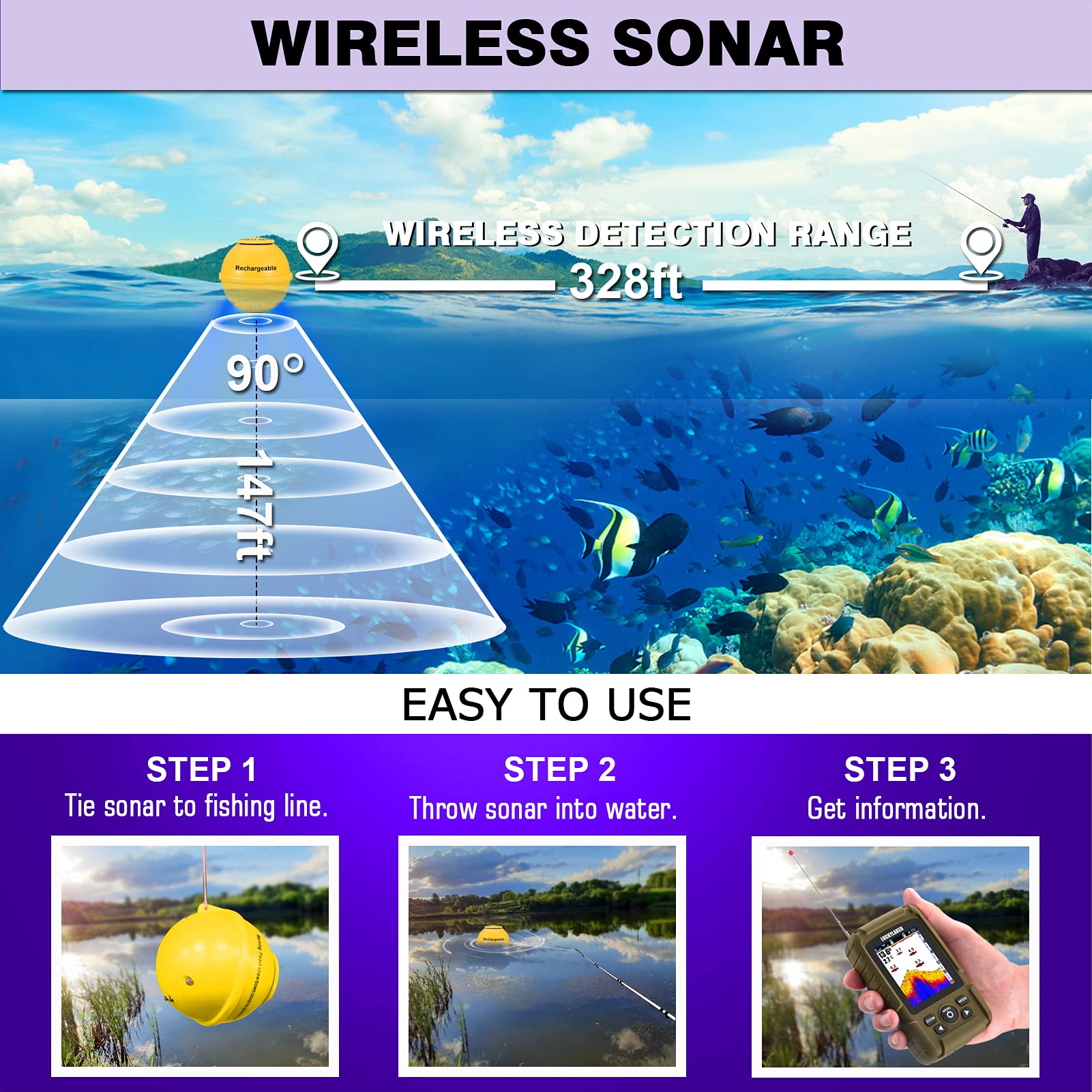 LUCKYLAKER Boat Transducer Fish Finders Sonar Wireless Handheld Depth Finder Kayak Waterproof Display Fish Finders Sensor Wired Ice Fishing