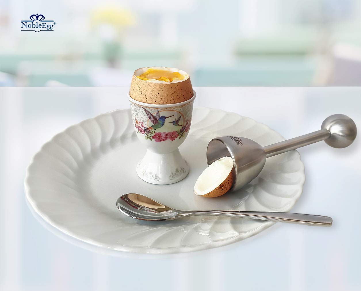 NobleEgg Complete Egg Cracker Topper Set | Unique Egg Cups for Soft Boiled Eggs, Egg Timer Pro, True 18/10 Egg Spoons, Egg Topper, Stylish Gift/Storage Box