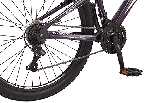 Mongoose Flatrock 21-Speed Hardtail Mountain Bike, 26-Inch Wheels, for Men and Women, Front Suspension, 16-Inch Lightweight Aluminum Frame, Purple