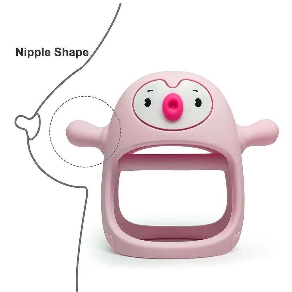 Wearable Penguin Teether, Never Drop Silicone Baby Teething Toy for Infants, Chew Toys for Sucking Needs, Hand Pacifier for Breast Feeding Babies, Car Seat Toy for New Born (Pink)