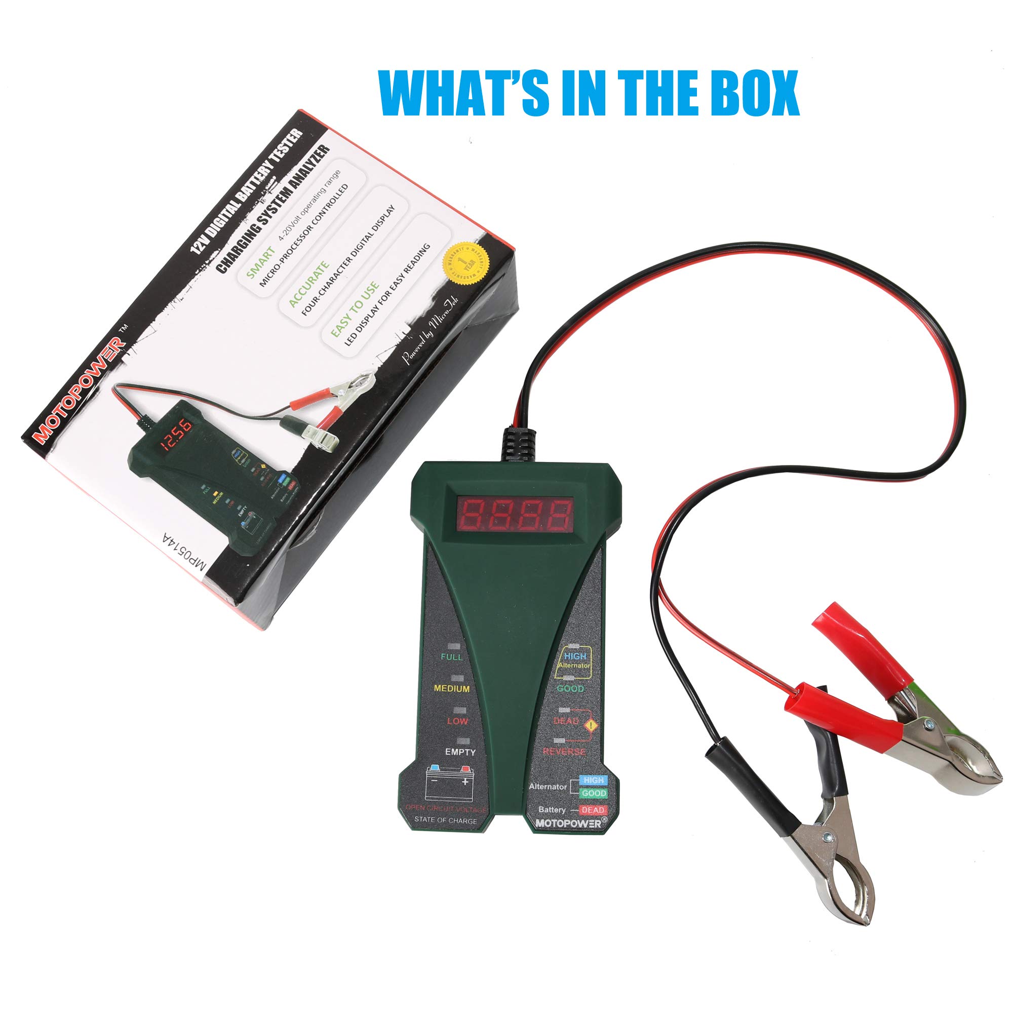 MOTOPOWER 12V Digital Battery Tester Voltmeter and Alternator Charging System Analyzer with LCD Display and LED Indication, Midnight Green Rubber Paint