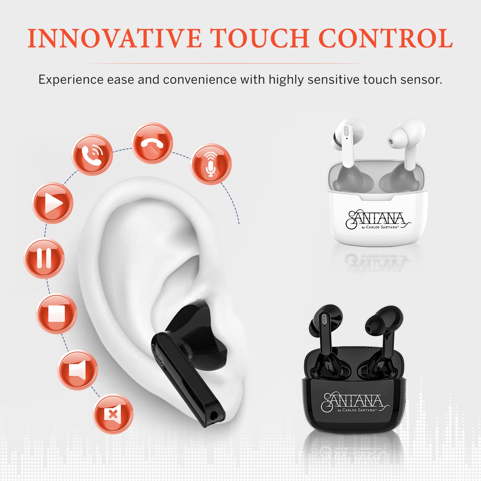 Mambo by Carlos Santana, True Wireless Earbuds Bluetooth Headphones with Charging Case, Bluetooth Earbuds with Voice Isolating Microphone, Deep Bass Stereo Headsets for Sports & Gaming, White