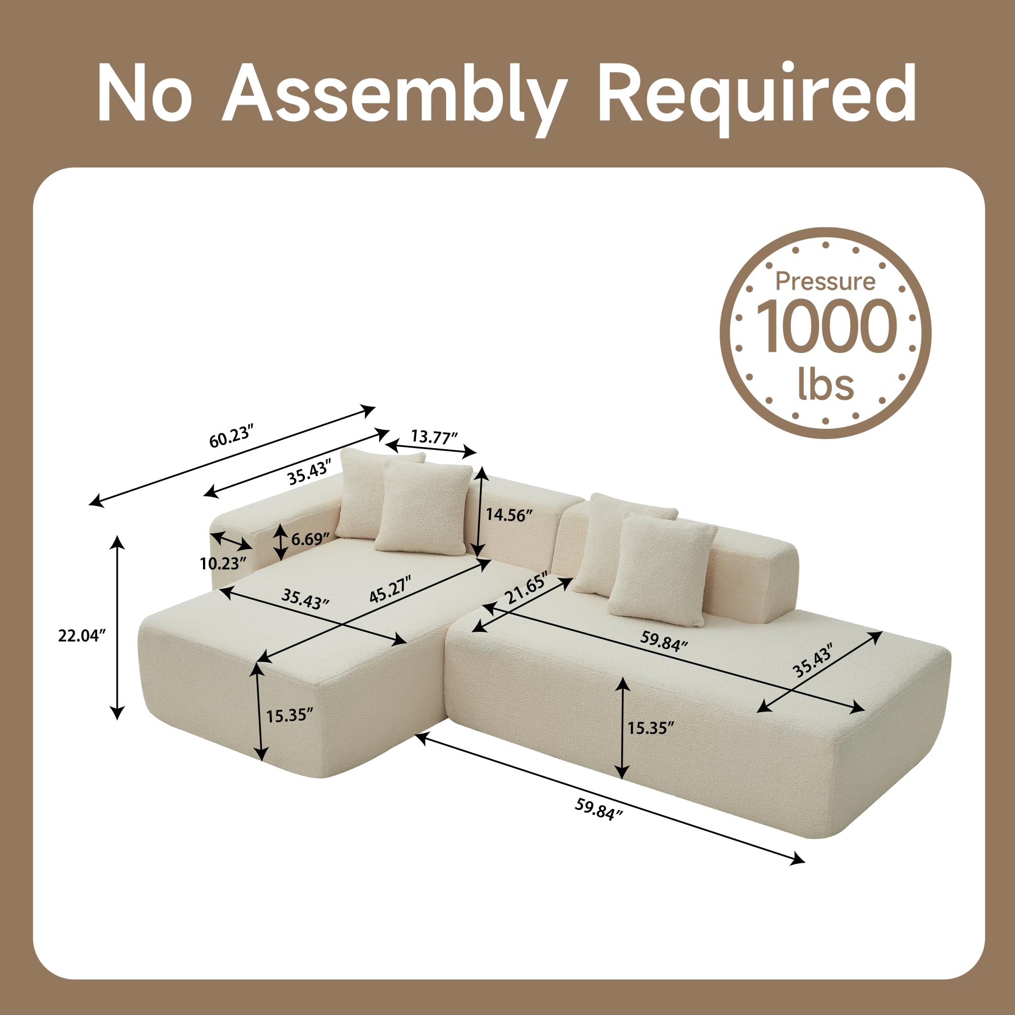 VASOENY 105.5 X 60.2'' L Shaped Sectional Sofa, Sherpa Fabric L Shaped Couch, 3 Seat Corner Sofa Couch, Modern Upholstered Couch with 4 Pillow Left Hand Lounge for Living Room, Office