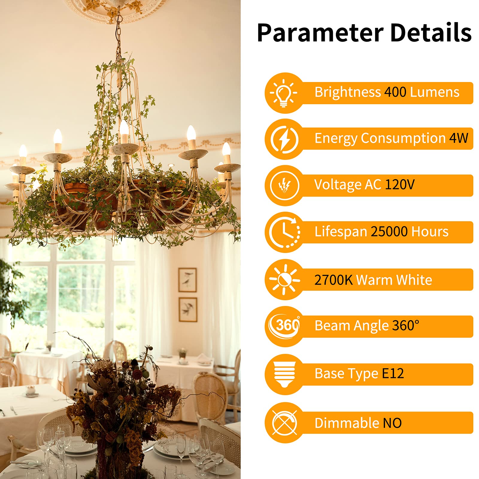opentavio E12 6-Pack Candelabra LED Light Bulbs 40 Watt Equivalent Non-Dimmable, 400 Lumen 2700K Warm White 4W Clear LED Candle Bulbs