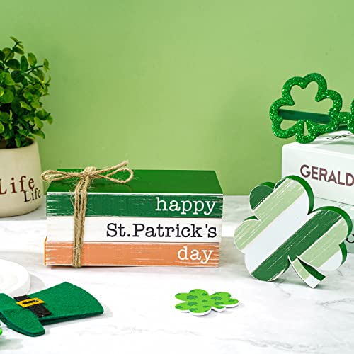 Whaline St. Patrick's Day Wooden Tiered Tray Decor Faux Decorative Stacked Books Bundle Happy St. Patrick's Day Wooden Block Sign with Shamrock for Irish Holiday Kitchen Home Table Decor
