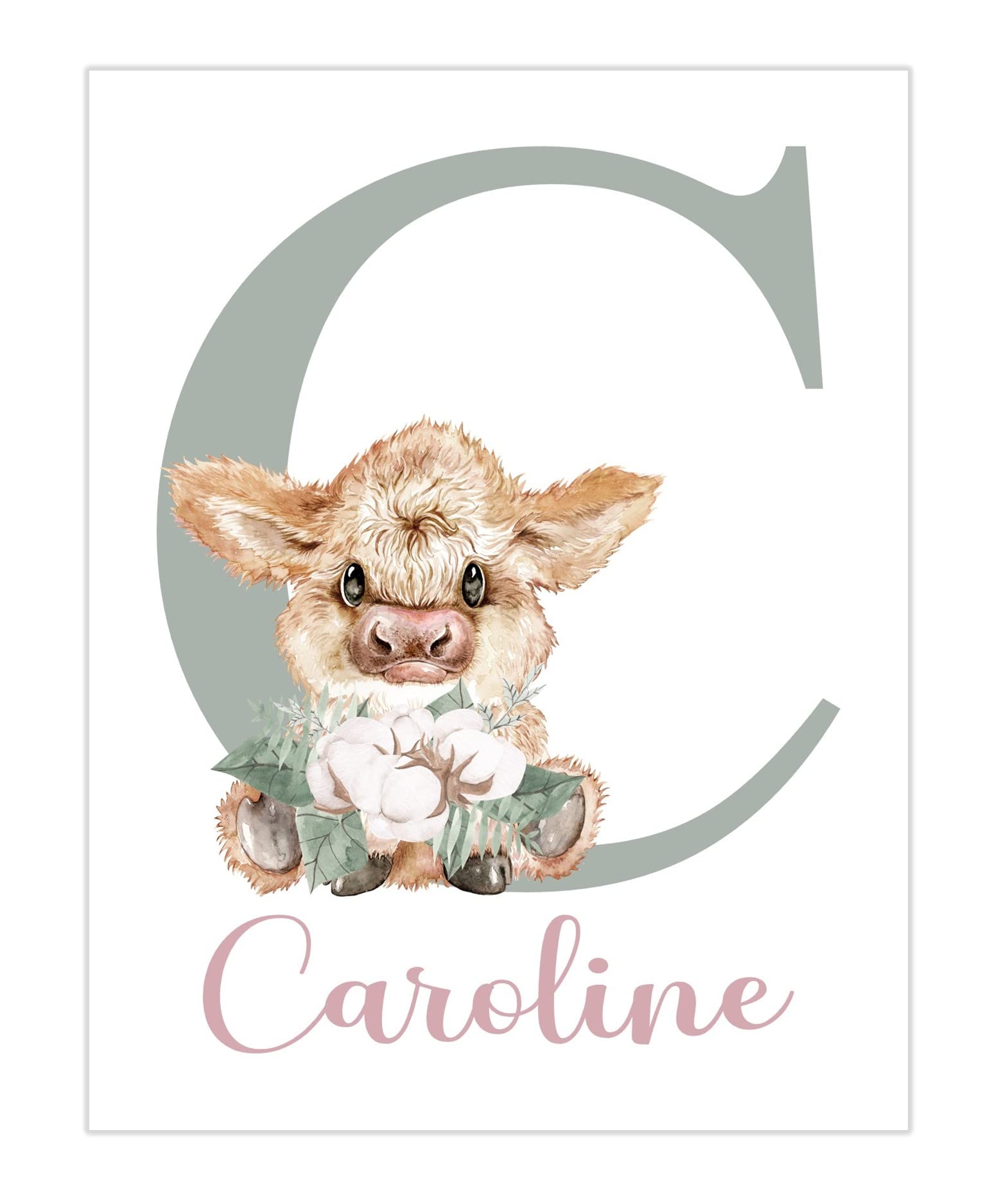 Personalized Watercolor Highland Cow Sage Green and Dusty Rose Rustic Cotton Farmhouse Baby Nursery Unframed Print
