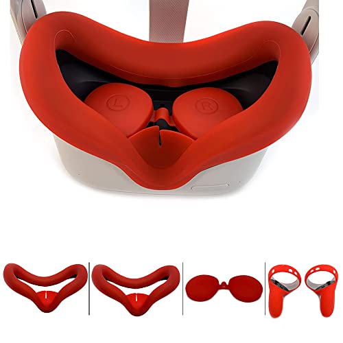 Oculus Quest 2 Accessories Bundle, Silicone Face Cover Pad for Oculus Quest 2 with 1 Silicone VR Face Cover Replace + 1 Lens Protective Cover + 2 Touch Controller Grip Covers Set (Red)