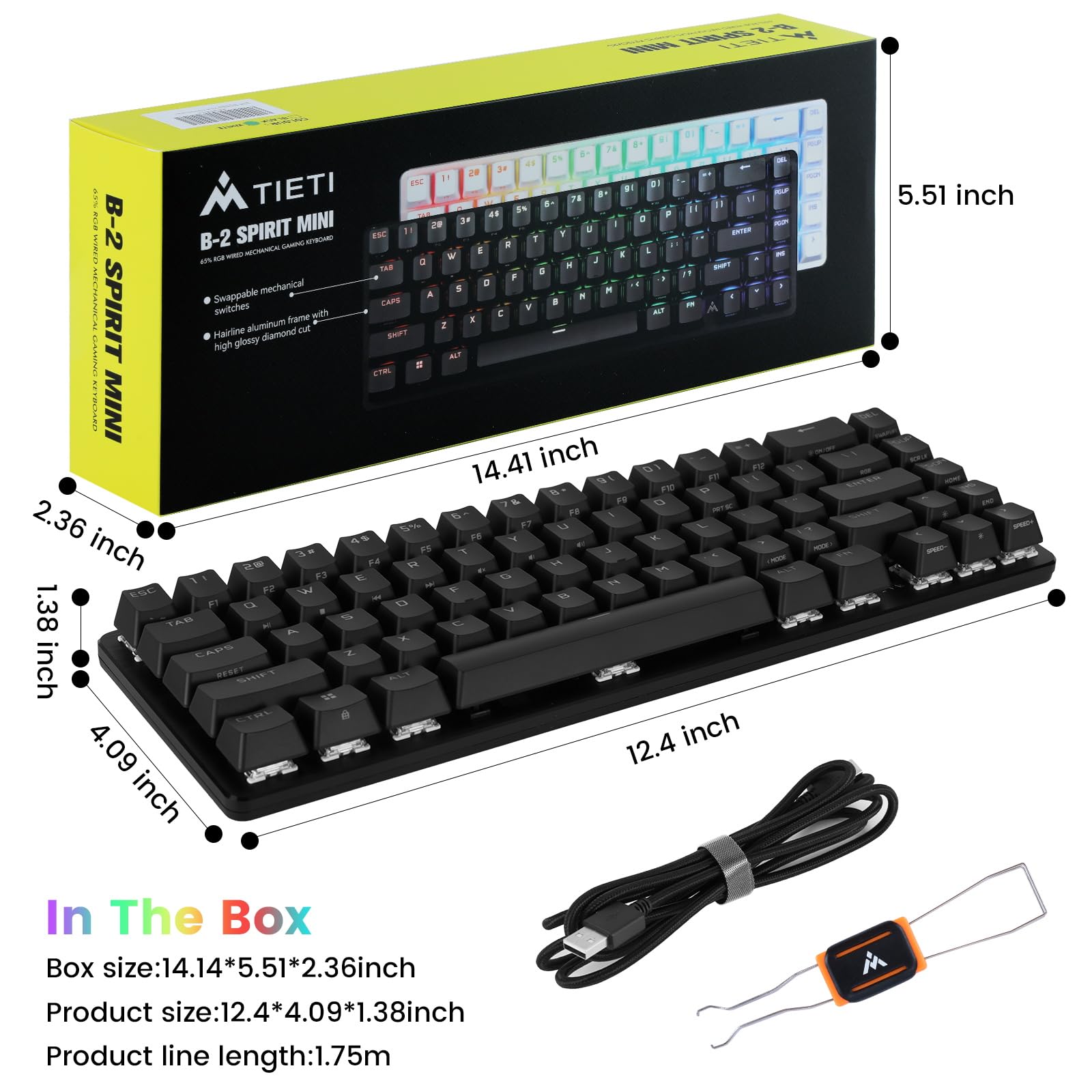 TIETI Wired Mechanical Keyboard,RGB Backlit Ultra-Compact 65% Layout 67Keys Gaming Keyboard,Hot Swappable Keyboard,Gateron Blue Switch