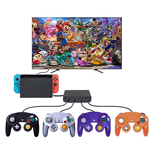 King Smart 4 Pack Gamecube Controller Bundle, with 4 Gamecube Extension Cables and 4-Port Gamecube Adapter for Wii U/Switch/PC (Black/Silver/Purple/Orange)