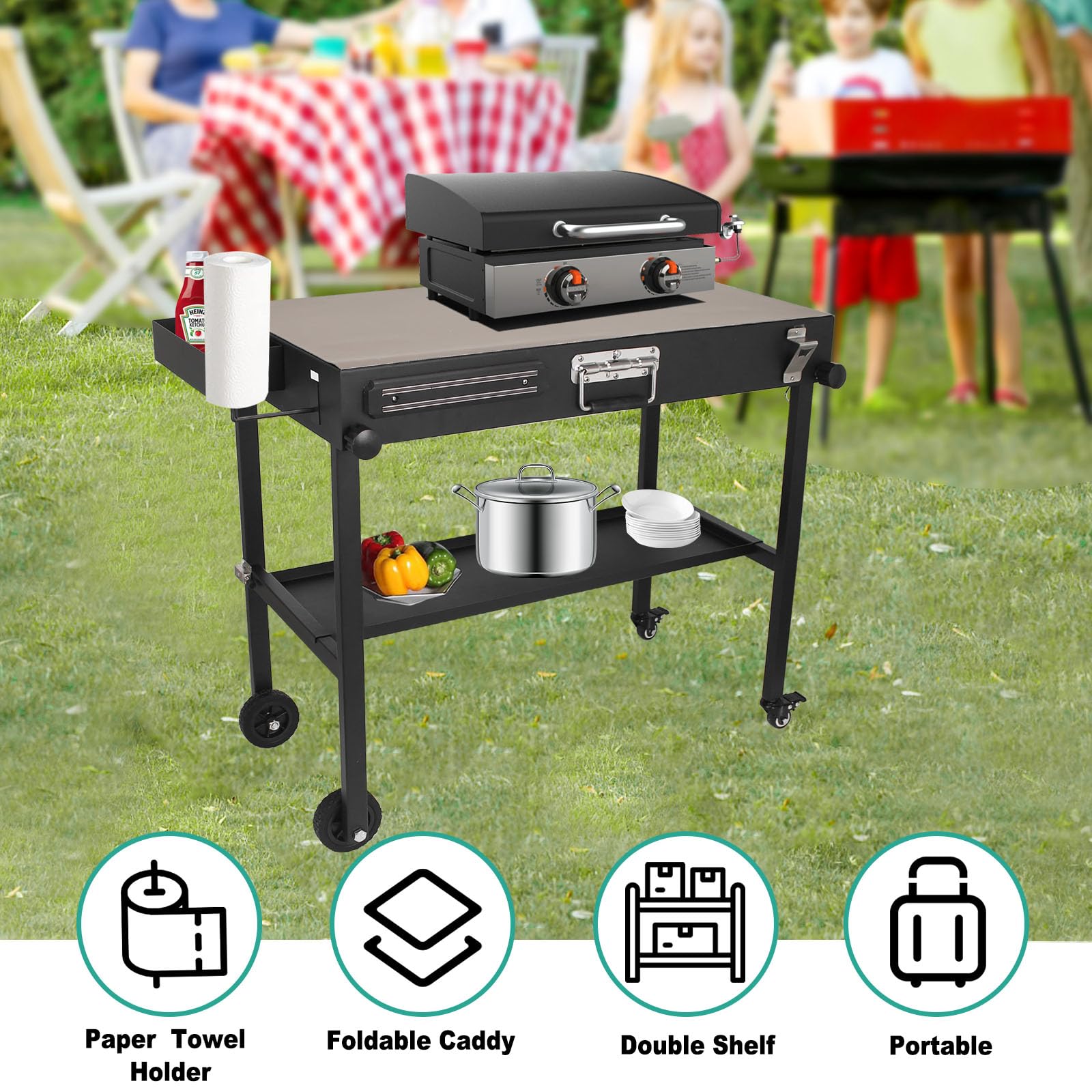 Karpevta Portable Grill Table for Blackstone Griddle,Foldable Outdoor Grill Cart with 4 Wheels for Blackstone 17" or 22", Grill Table Stand, Double-Shelf with Spice Tray for Patio, Backyard