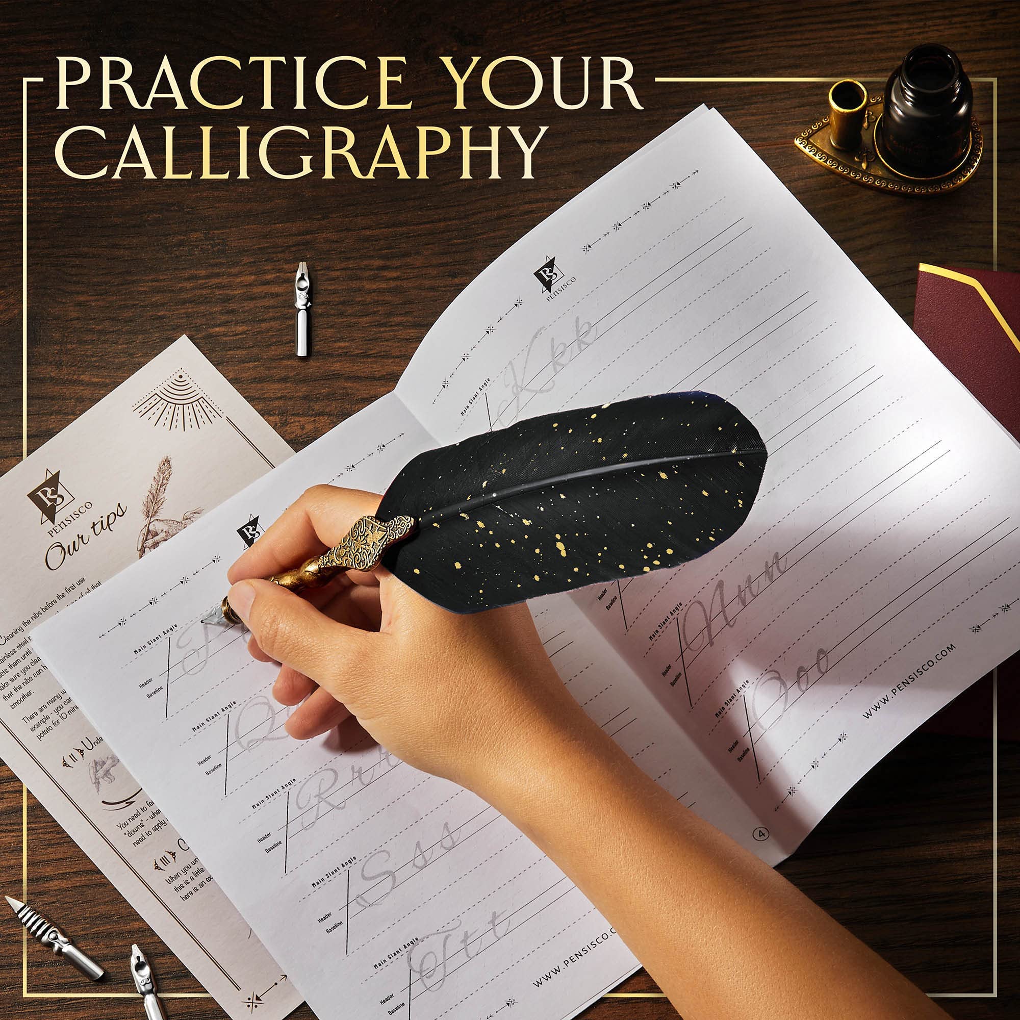 PENSISCO Quill Pen and Ink Set - Feather Pen Kit With Fine Ink Pen,18-in-One Vintage, Complete Calligraphy Set for Beginners & Enthusiasts, Includes Practice Sheets That Will Make You a Pro (Red)