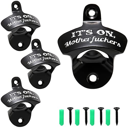 Tebery 4 Pack Black Bottle Opener Wall Mounted with Screws Anchors, Funny Bar Accessories Essential Beer Opener for Men Dad Beer Lovers, Novelty Birthday Fathers Day