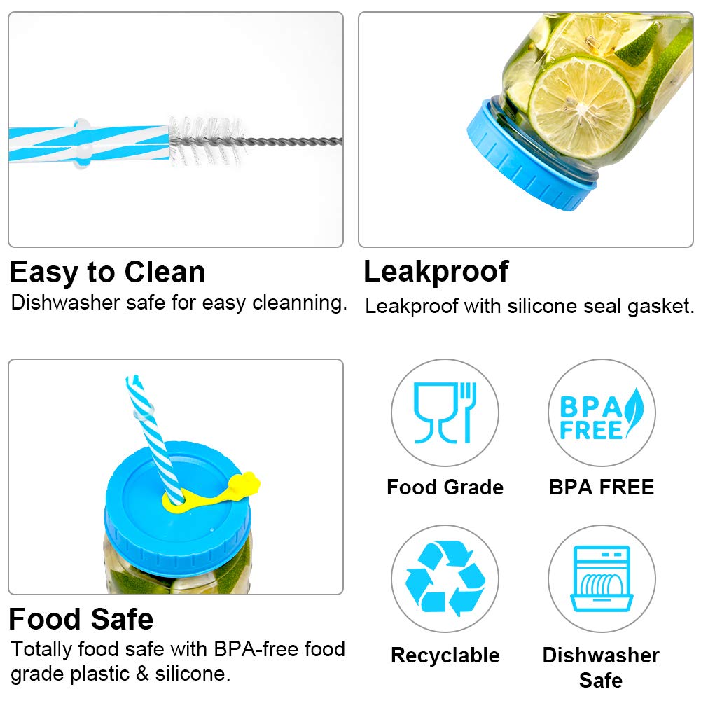 Regular Mouth Mason Jar Lids with Straw Hole/ Stoppers/Silicone Rings/Cleaning Brush, Rust-proof, BPA Free Plastic Canning Lids, Great for Drinking & Food Storage(26 Pack)