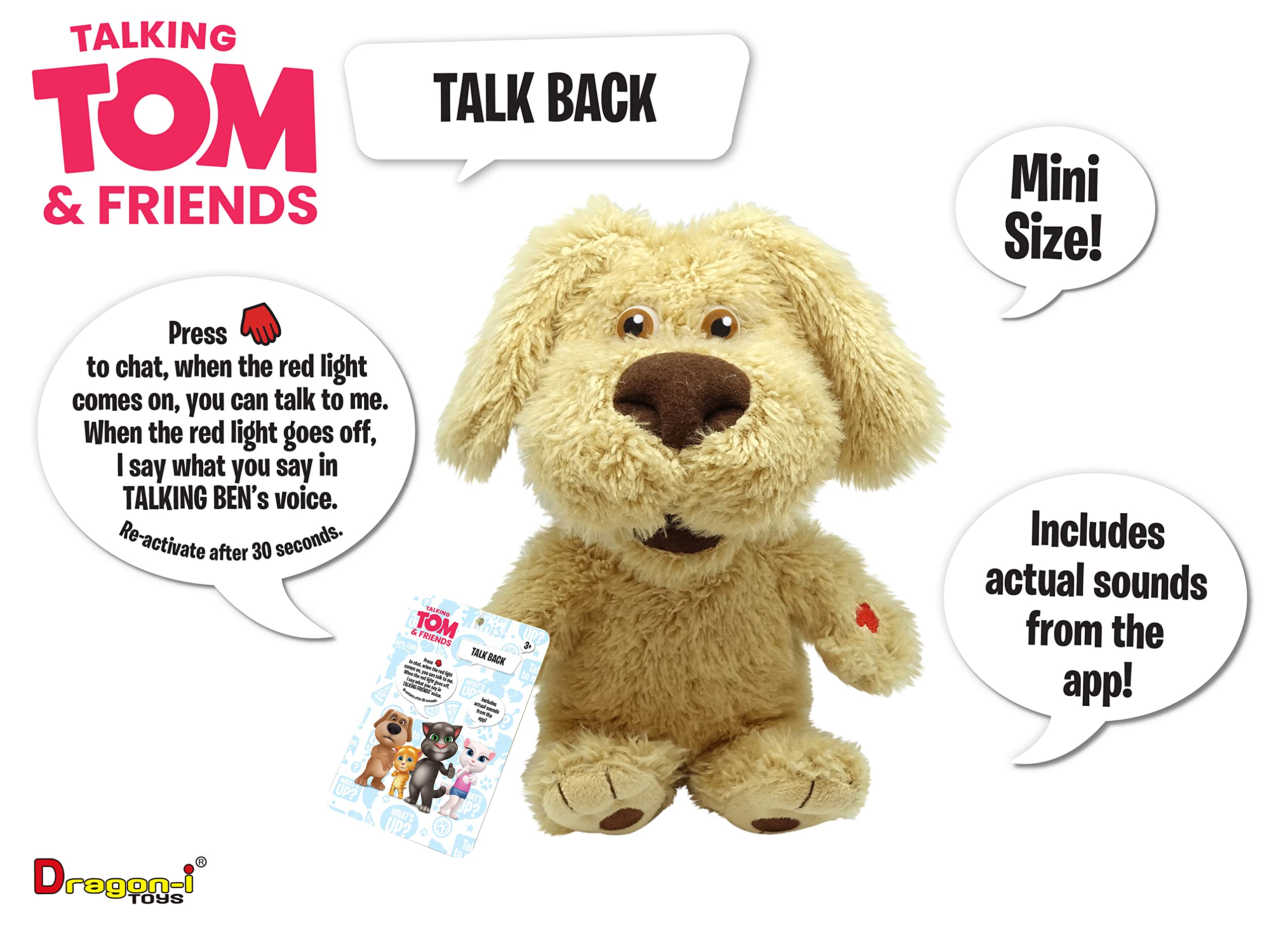 Talking Tom and Friends Kids Key Ring - 6 Inch Cute Plush Talking Ben Stuffed Animal Cat Plush Toy/Kids Backpack Key Chain Kids Keyring (Ben)